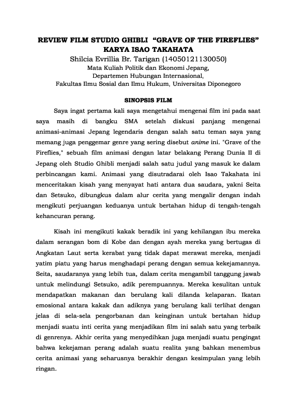 (PDF) REVIEW FILM STUDIO GHIBLI “GRAVE OF THE FIREFLIES” KARYA ISAO TAKAHATA