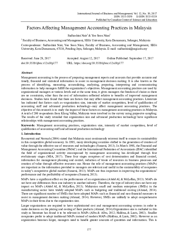 (PDF) Factors Affecting Management Accounting Practices in Malaysia