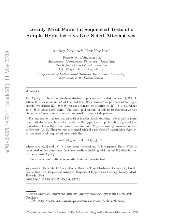Pdf Locally Most Powerful Sequential Tests Of A Simple Hypothesis Vs One Sided Alternatives