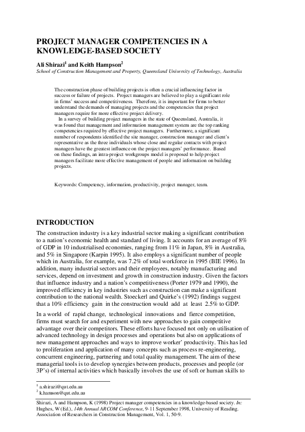 (PDF) Project manager competencies in a knowledge-based society