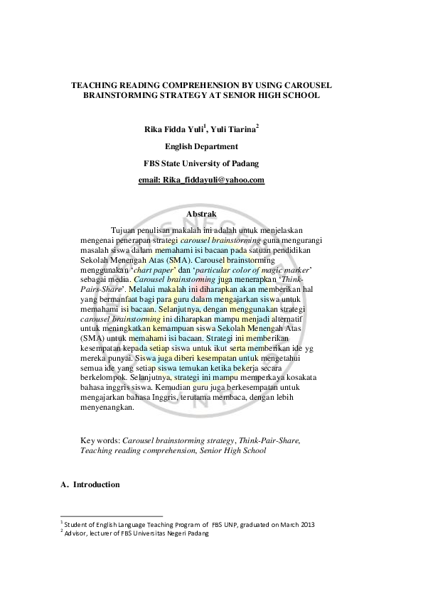 (PDF) Teaching Reading Comprehension by Using Carousel Brainstorming Strategy at Senior High School