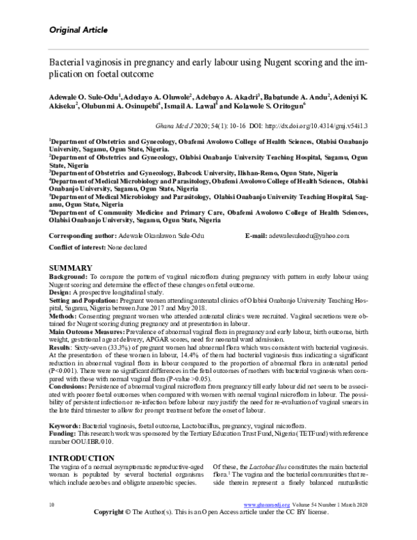 (PDF) Bacterial vaginosis in pregnancy and early labour using Nugent ...