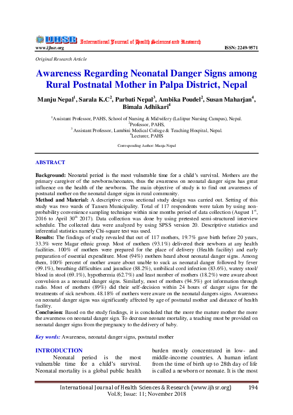 (PDF) Awareness Regarding Neonatal Danger Signs among Rural Postnatal ...