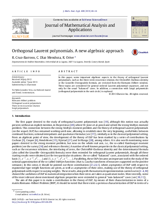 (PDF) Orthogonal Laurent polynomials. A new algebraic approach