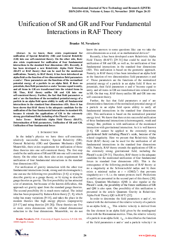 (PDF) Unification of SR and GR and Four Fundamental Interactions in RAF Theory