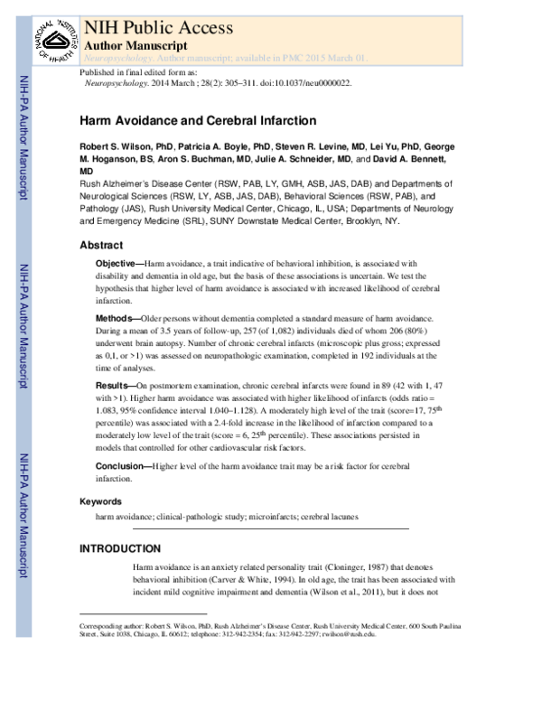 (PDF) Harm avoidance and cerebral infarction