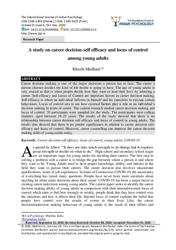 (PDF) A study on career decision-self efficacy and locus of control among young adults