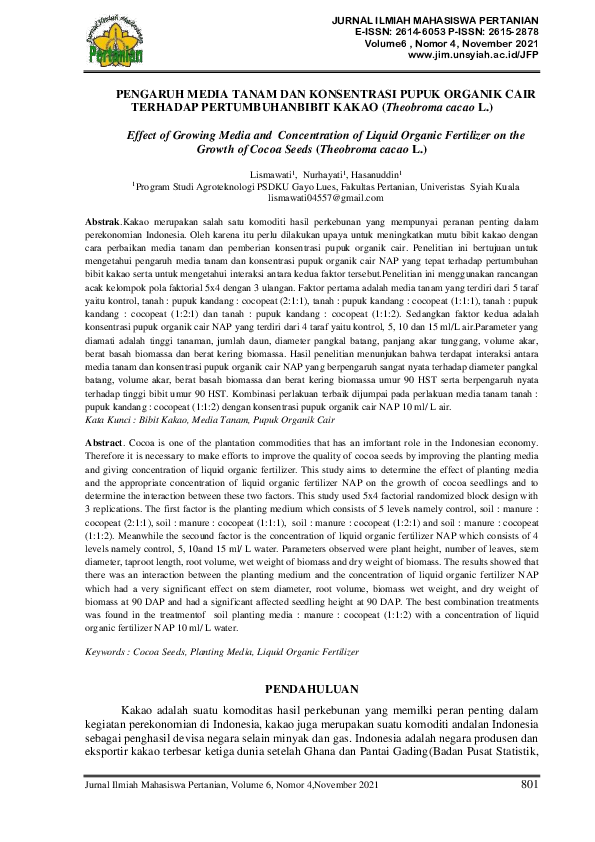 (PDF) Pengaruh Media Tanam dan Konsentrasi Pupuk Organik Cair terhadap Pertumbuhan Bibit Kakao ...