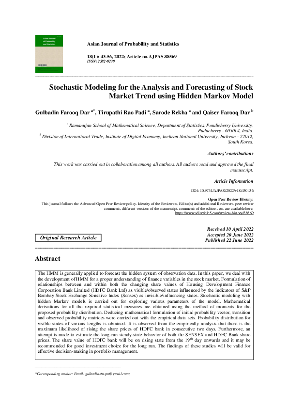 (PDF) Stochastic Modeling for the Analysis and Forecasting of Stock ...