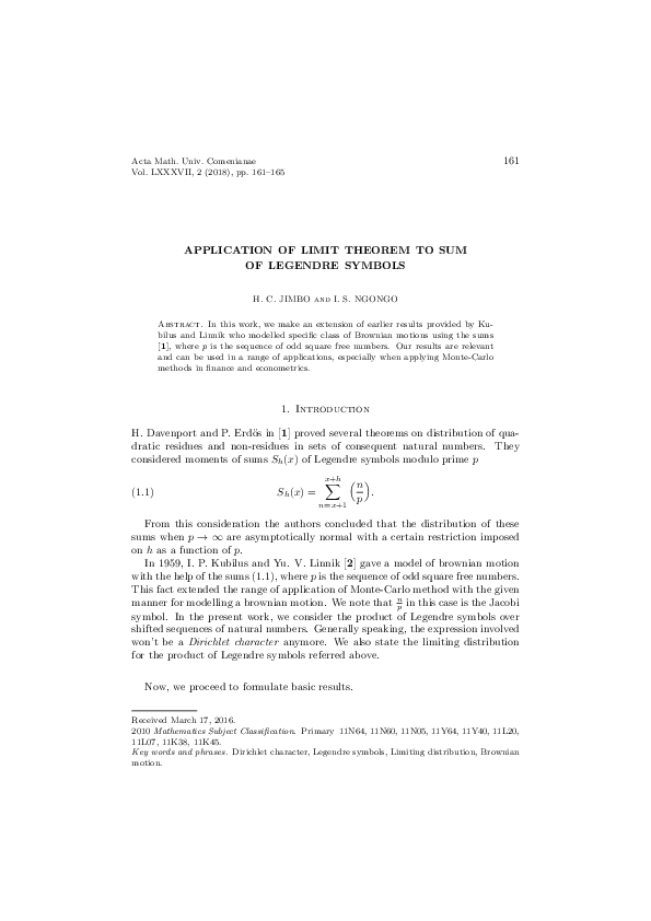 (PDF) Application of limit theorem to sum of Legendre symbols