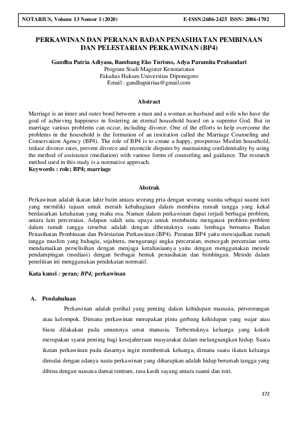 (PDF) Perkawinan Dan Peranan Badan Penasihatan Pembinaan Dan Pelestarian Perkawinan (BP4)