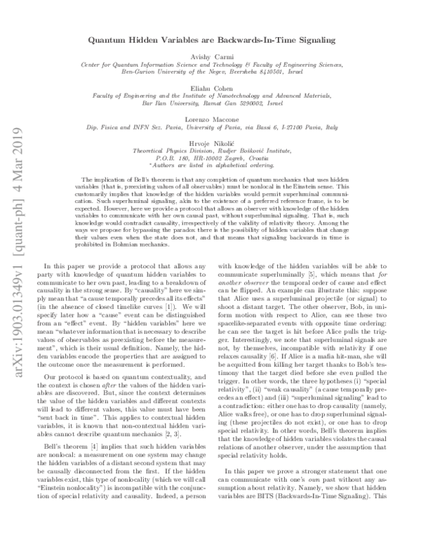 (PDF) Quantum Hidden Variables are Backwards-In-Time Signaling