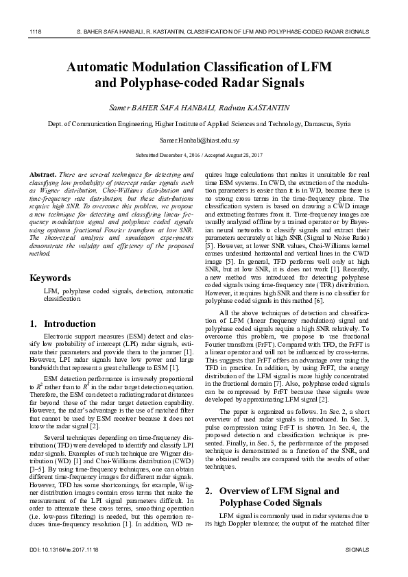(PDF) Automatic Modulation Classification of LFM and Polyphase-coded Radar Signals