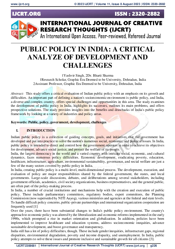 (PDF) PUBLIC POLICY IN INDIA: A CRITICAL ANALYZE OF DEVELOPMENT AND ...