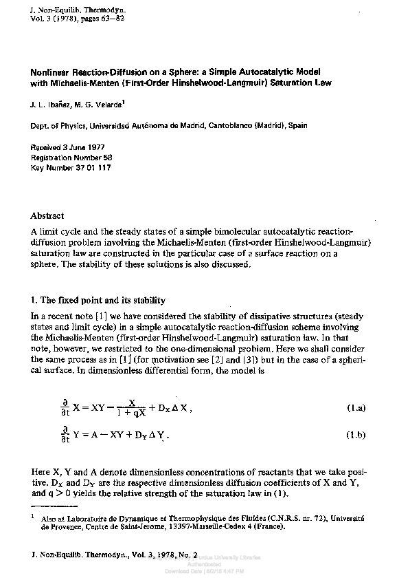 (PDF) Nonlinear Reaction-Diffusion on a Sphere: a Simple Autocatalytic Model with Michaelis ...
