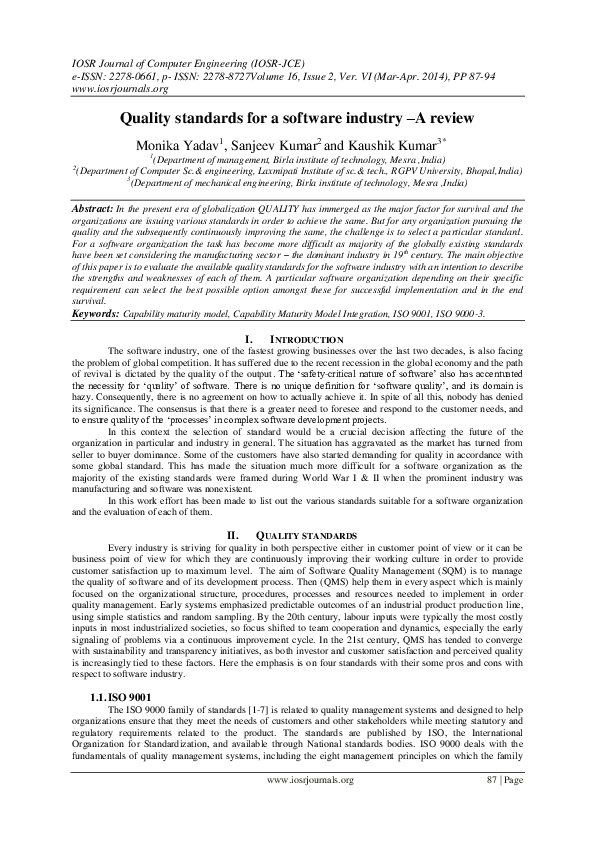 (PDF) Quality standards for a software industry –A review