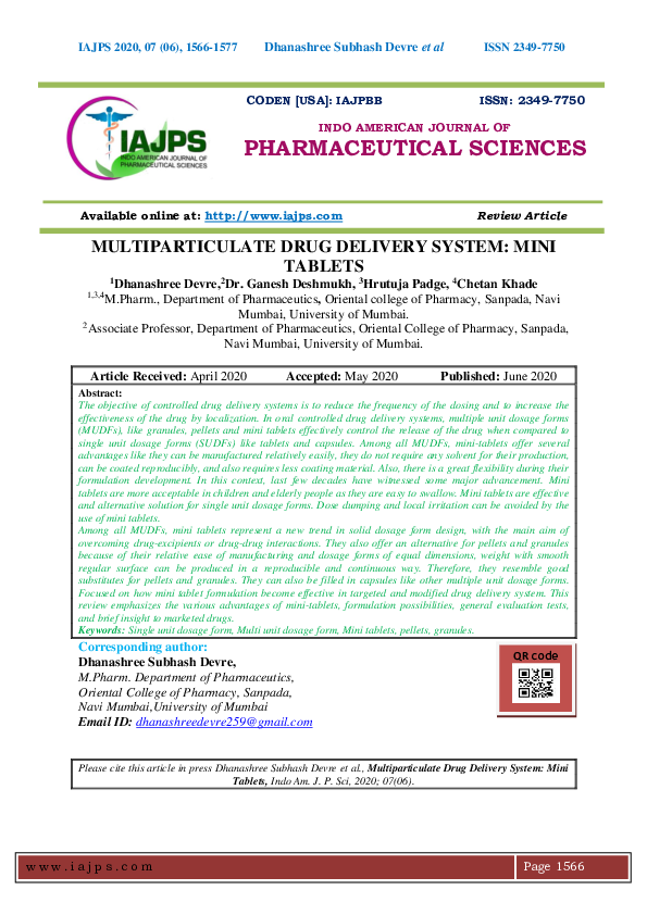 (PDF) Multiparticulate Drug Delivery System: Mini Tablets