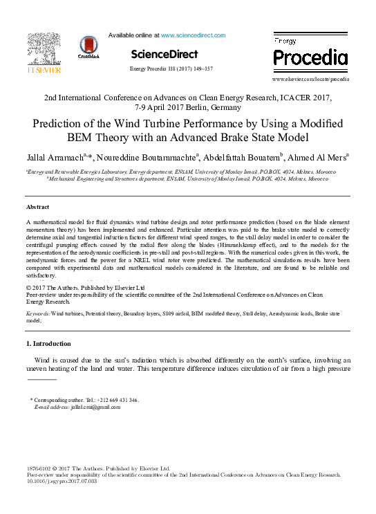 (PDF) Prediction of the Wind Turbine Performance by Using a Modiﬁed BEM ...