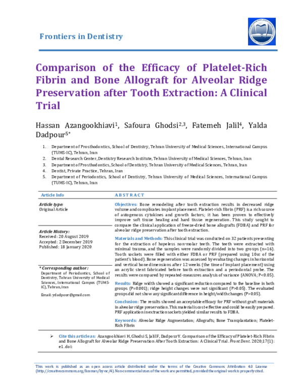 (PDF) Comparison of the Efficacy of Platelet-Rich Fibrin and Bone Allograft for Alveolar Ridge ...