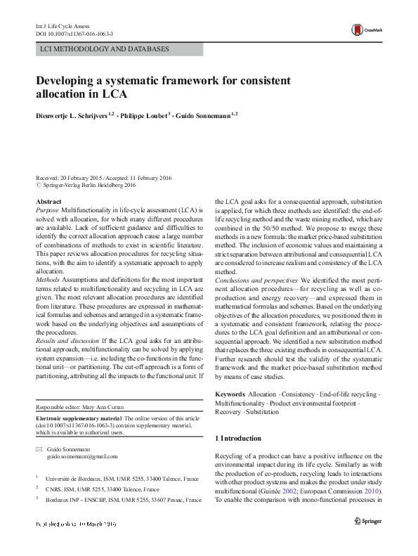 (PDF) Developing a systematic framework for consistent allocation in LCA