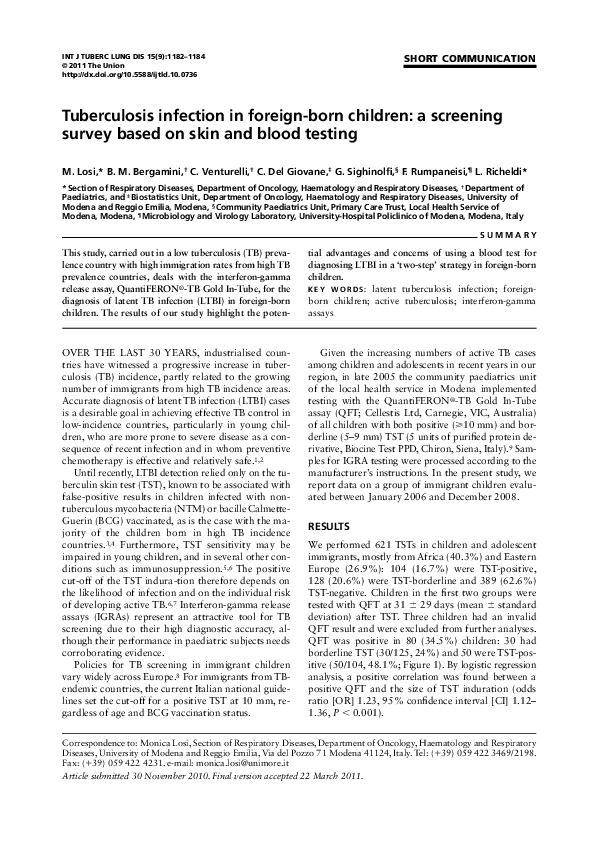 (PDF) Tuberculosis infection in foreign-born children: a screening ...