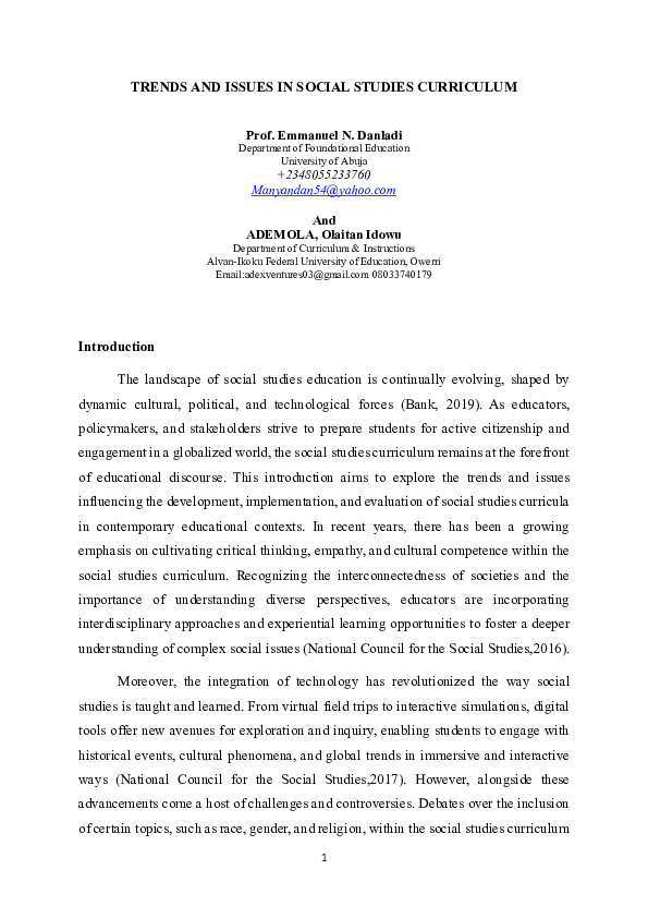 (PDF) TRENDS AND ISSUES IN SOCIAL STUDIES CURRICULUM