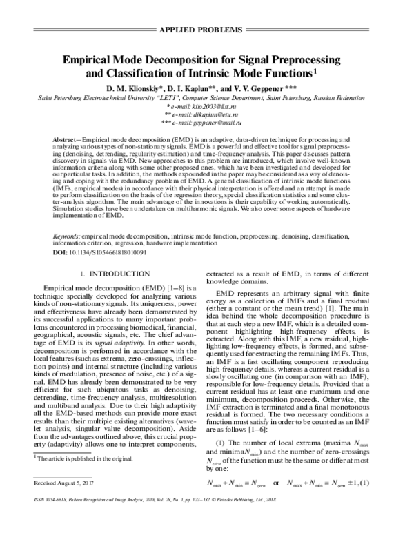 (PDF) Empirical Mode Decomposition for Signal Preprocessing and Classification of Intrinsic Mode ...