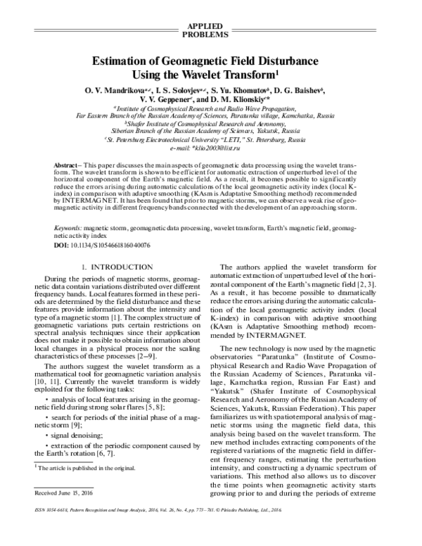 (PDF) Estimation of geomagnetic field disturbance using the wavelet transform | Dmitry Klionskiy ...