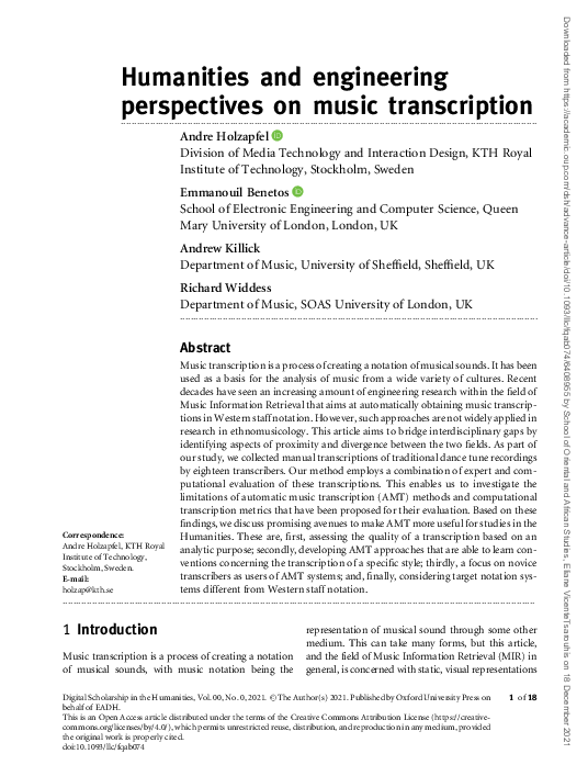 (PDF) Humanities and engineering perspectives on music transcription