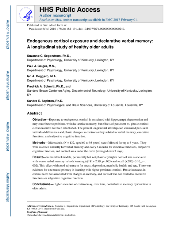 (PDF) Endogenous Cortisol Exposure and Declarative Verbal Memory