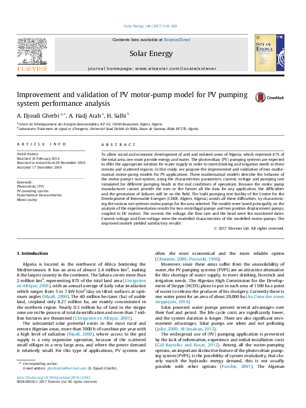 (PDF) Improvement and validation of PV motor-pump model for PV pumping system performance analysis
