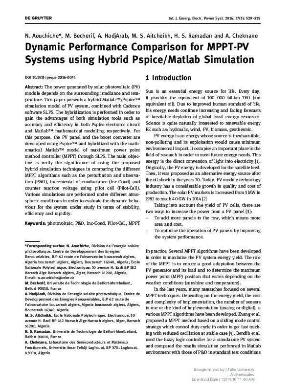 Pdf Dynamic Performance Comparison For Mppt Pv Systems Using Hybrid Pspicematlab Simulation