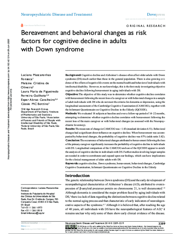 (PDF) Bereavement and behavioral changes as risk factors for cognitive decline in adults with ...