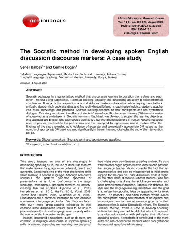 (PDF) The Socratic method in developing spoken English discussion discourse markers: A case study