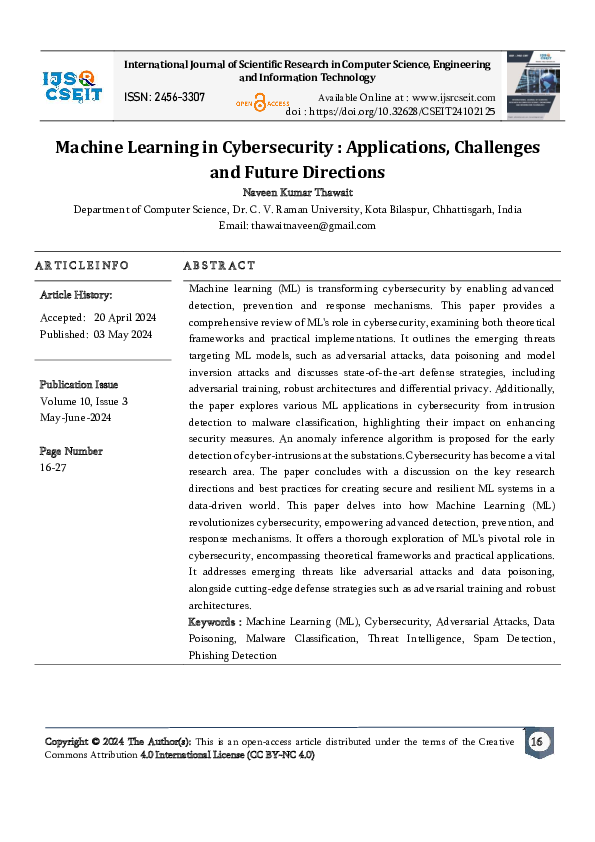 (PDF) Machine Learning in Cybersecurity : Applications, Challenges and ...