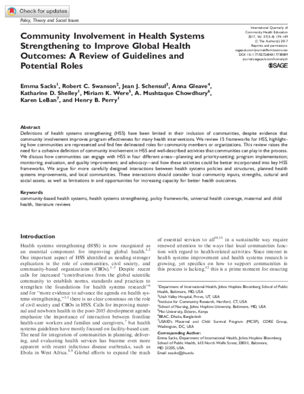 Pdf Community Involvement In Health Systems Strengthening To Improve