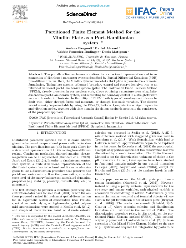 (PDF) Partitioned Finite Element Method for the Mindlin Plate as a Port-Hamiltonian system