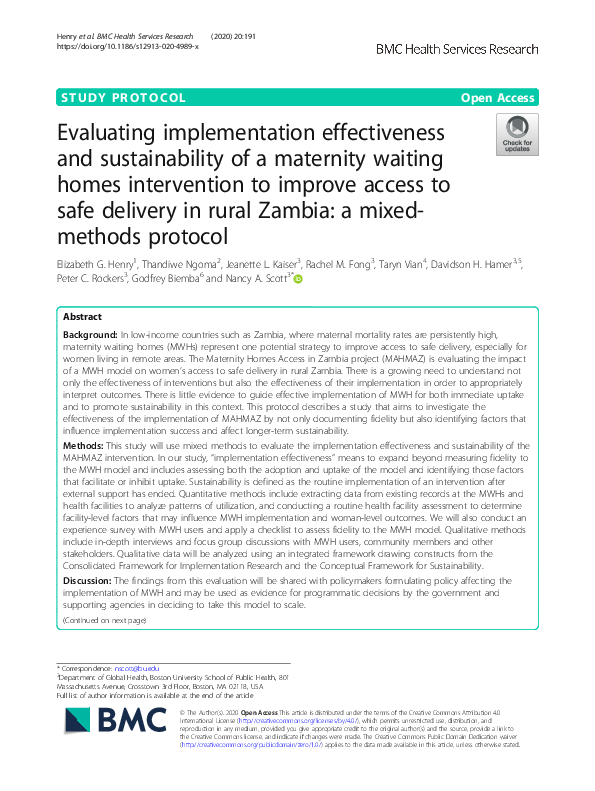 (PDF) Evaluating implementation effectiveness and sustainability of a maternity waiting homes ...