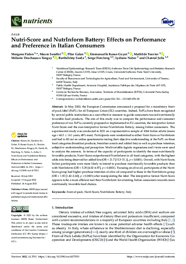 (PDF) Nutri-Score and NutrInform Battery: Effects on Performance and ...