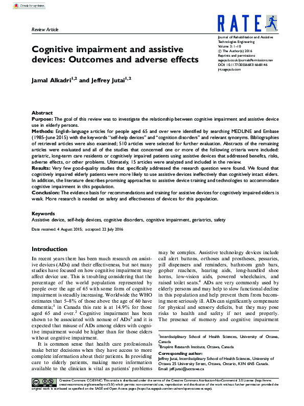 (PDF) Cognitive impairment and assistive devices: Outcomes and adverse ...