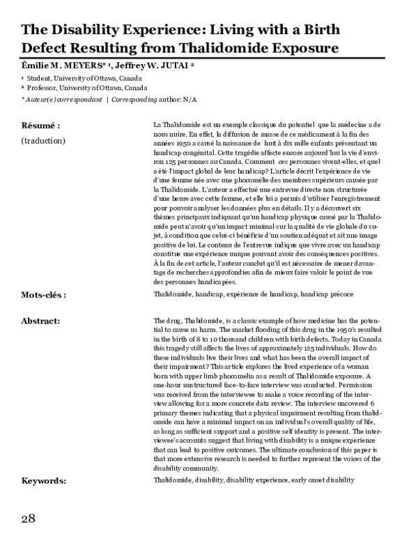 (PDF) The Disability Experience: Living with a Birth Defect Resulting ...