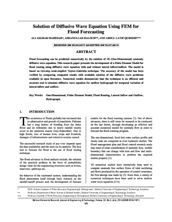 (PDF) Solution of Diffusive Wave Equation Using FEM for Flood ...