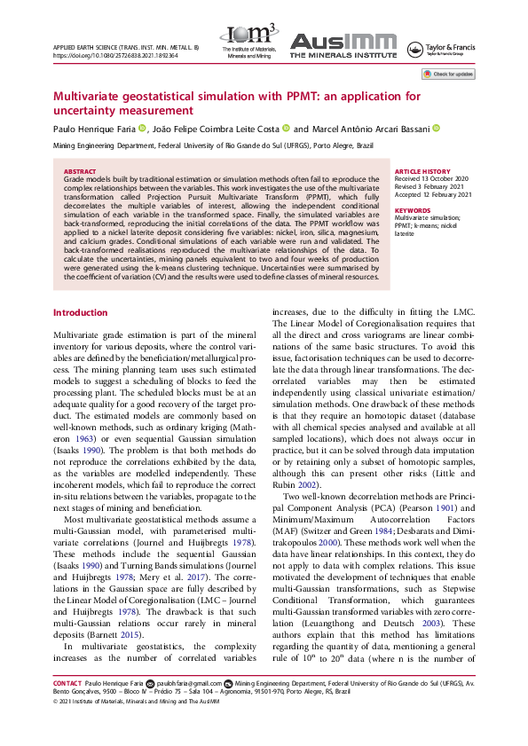 Pdf Multivariate Geostatistical Simulation With Ppmt An Application