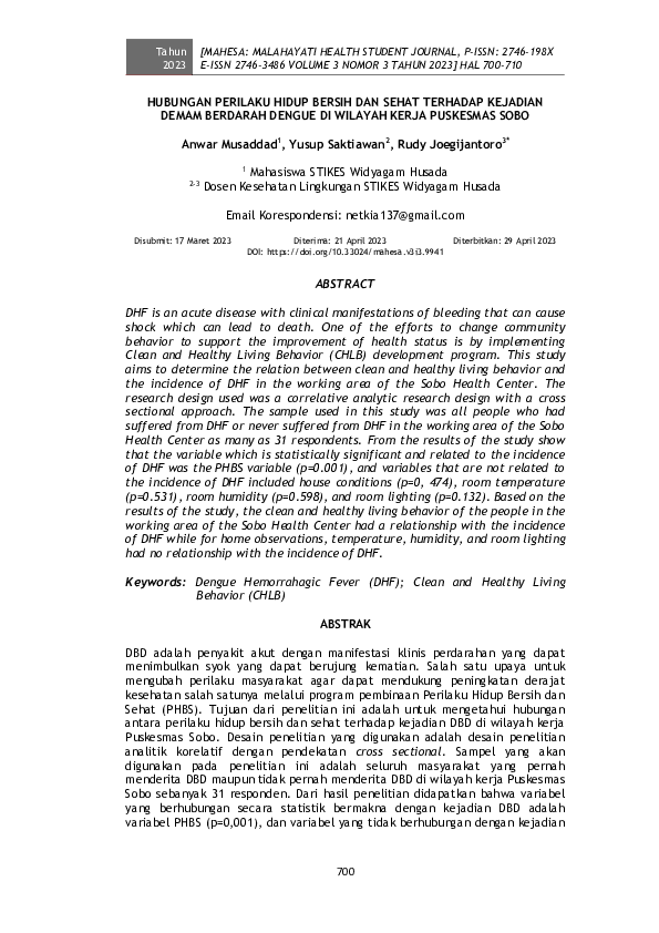 (PDF) Hubungan Perilaku Hidup Bersih dan Sehat Terhadap Kejadian DBD di Wilayah Kerja Puskesmas Sobo