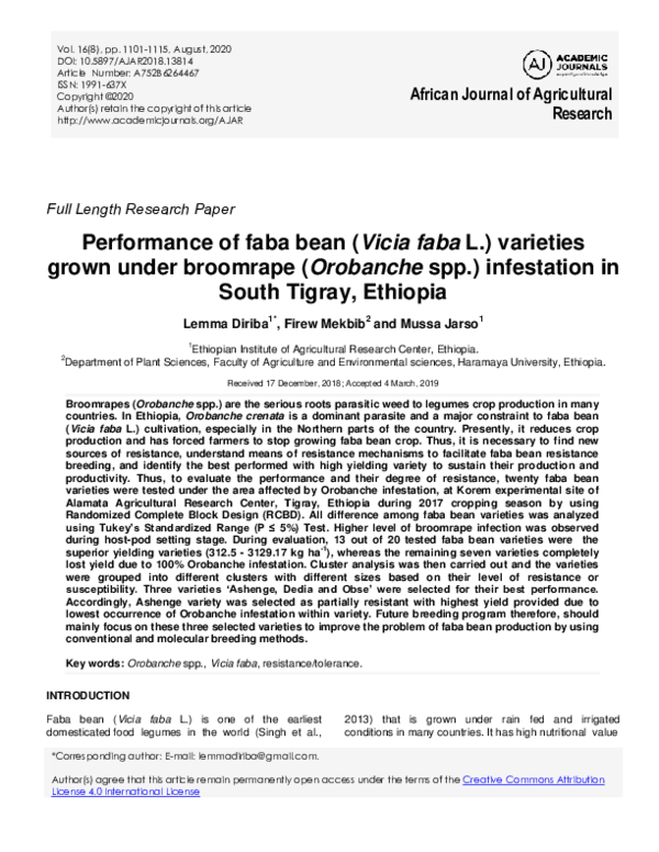 (PDF) Performance of faba bean (Vicia faba L.) varieties grown under broomrape (Orobanche spp ...
