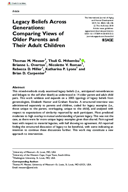 (PDF) Legacy Beliefs Across Generations: Comparing Views of Older ...