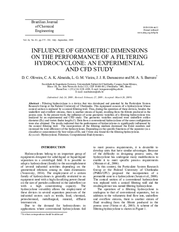 (PDF) Influence of geometric dimensions on the performance of a filtering hydrocyclone: an ...