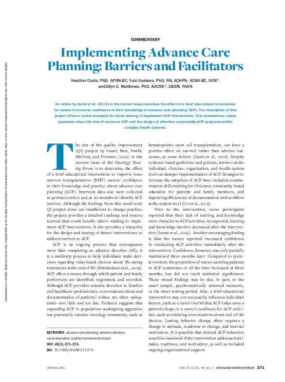 (PDF) Implementing Advance Care Planning: Barriers and Facilitators | Heather Coats - Academia.edu