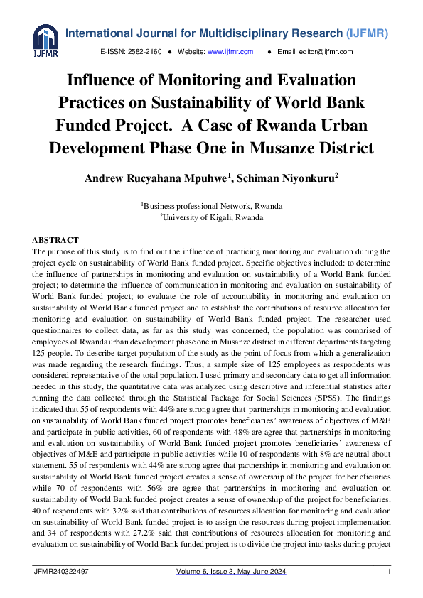 (PDF) Influence of Monitoring and Evaluation Practices on Sustainability of World Bank Funded ...