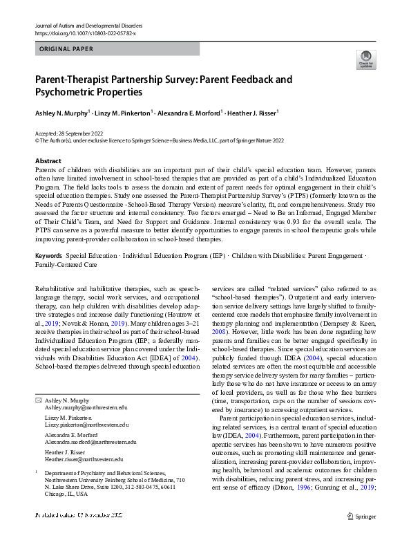 (PDF) Parent-Therapist Partnership Survey: Parent Feedback and ...